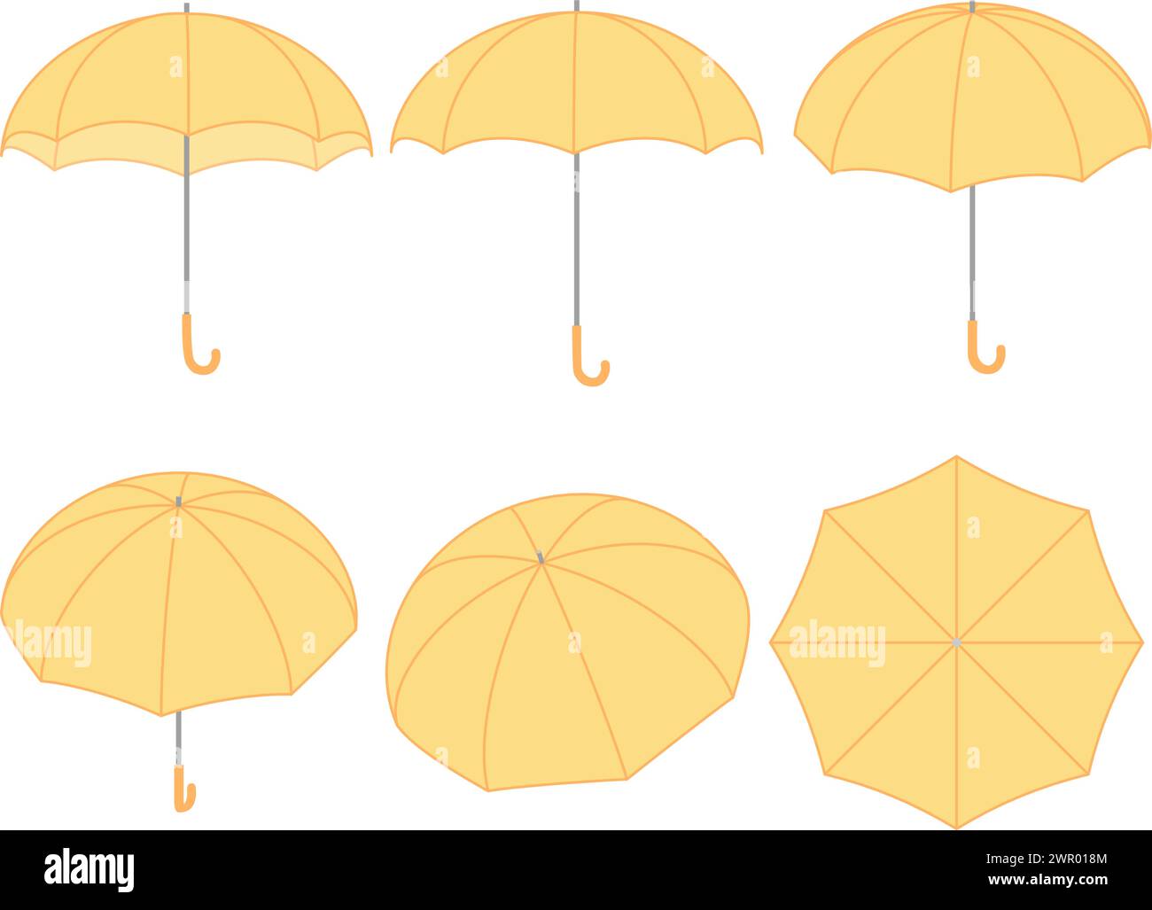 Illustration material set of a yellow umbrella seen from various angles such as sideways ...
