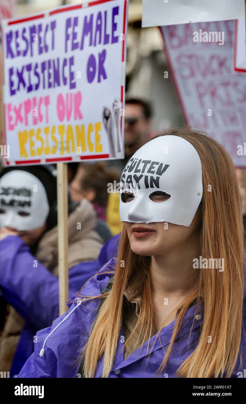 London, UK. 09th Mar, 2024. A protester carries a placard saying ...