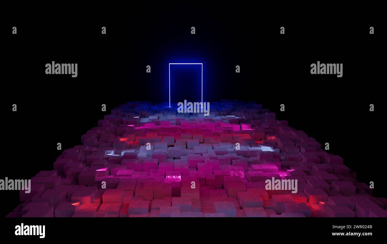 3d illustration blue quadrant neon portal on abstract background of ...