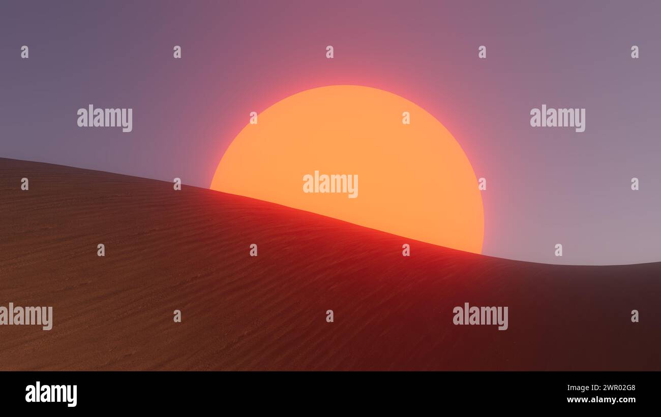 3d illustration huge red setting sun in desert dunes Stock Photo - Alamy