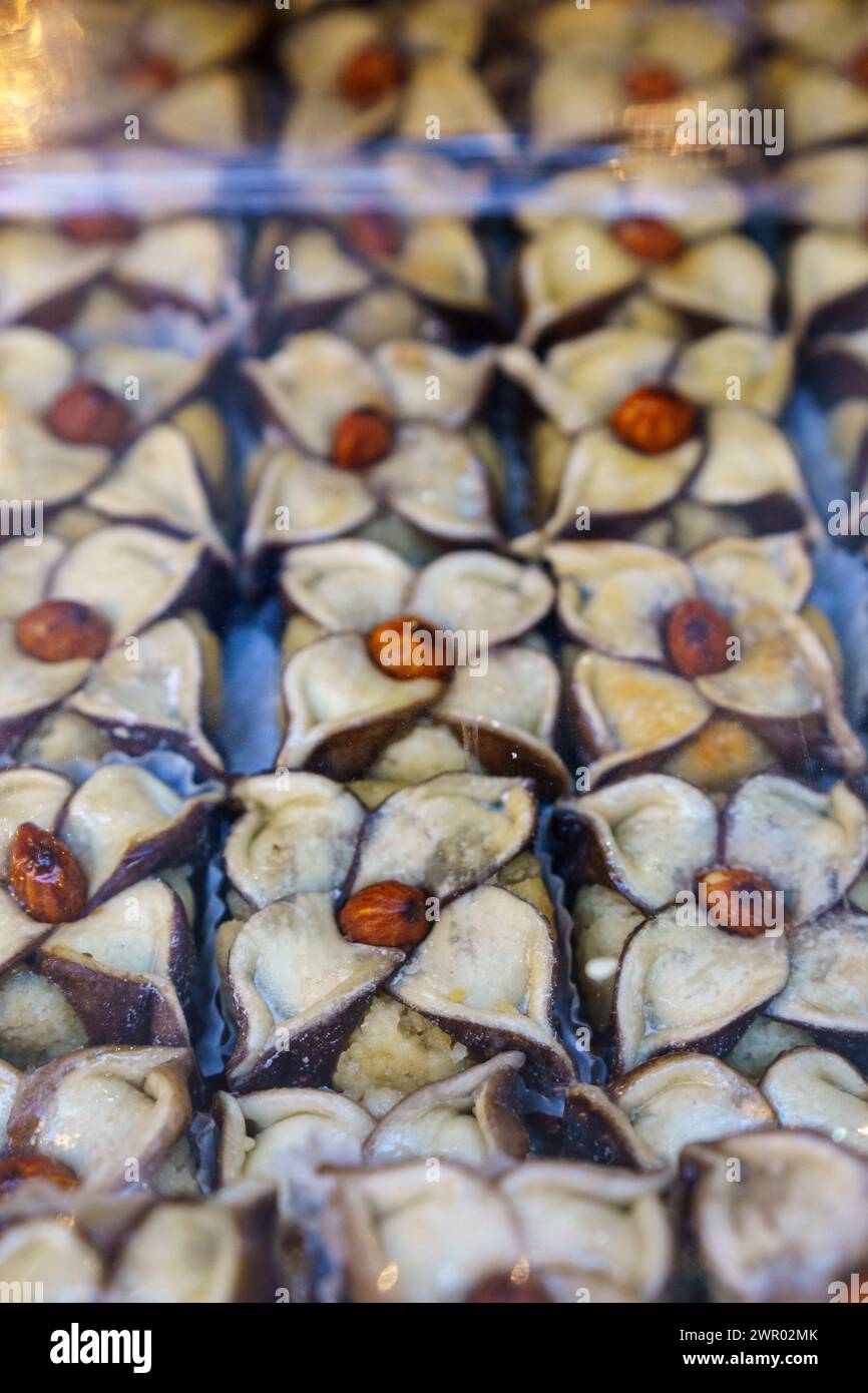 Moroccan sweet makhroud, puff pastry baklava with flower-shaped almonds ...