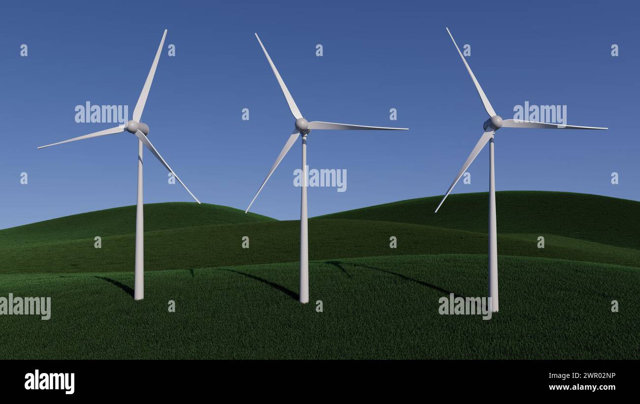 3d illustration Three wind turbines are standing on a green hillside ...