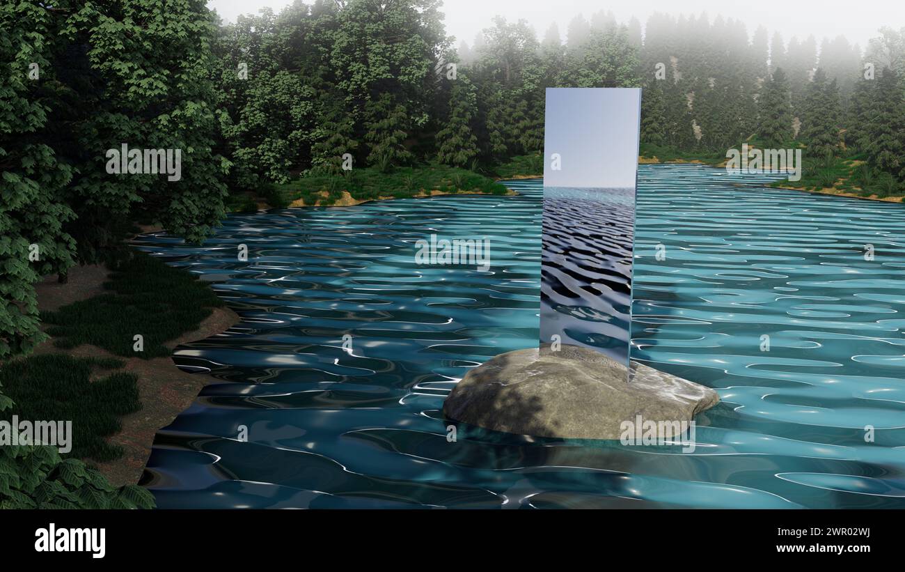 3d illustration A large rock is floating in the water next to a mirror ...