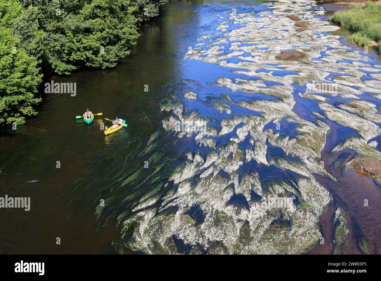 The Vézère river flows in front of the cliff in which the troglodyte ...