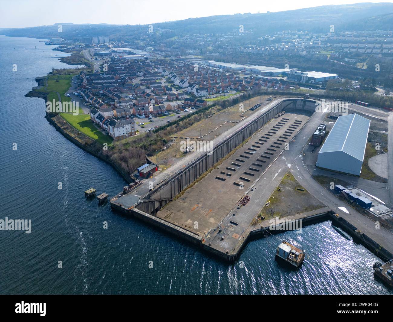 Aerial view of Peel Ports Inchgreen dry dock in Greenock, Scotland,UK ...