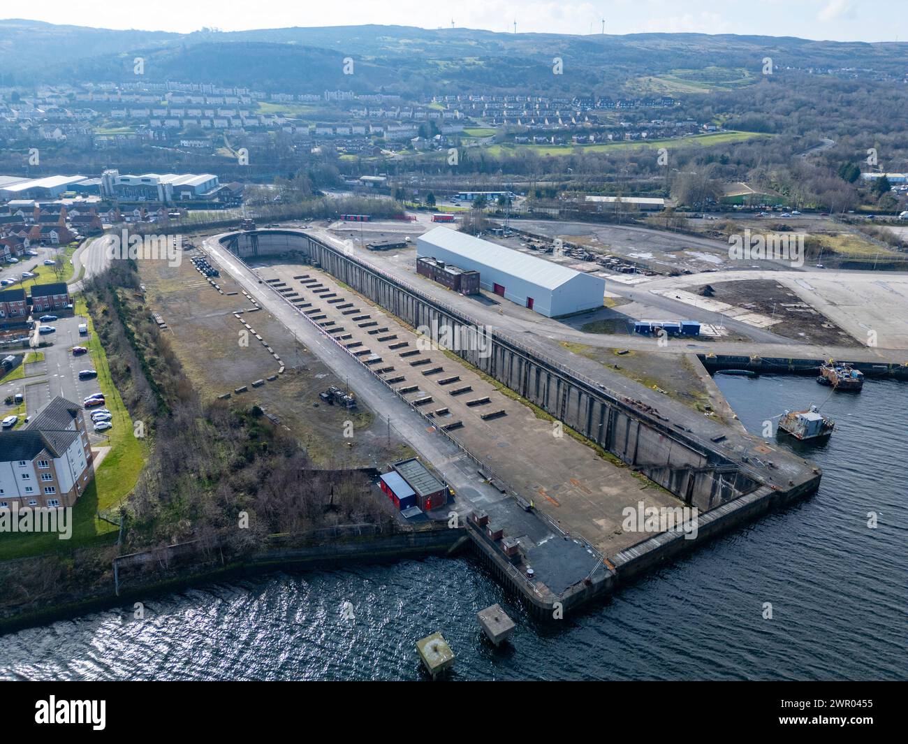 Aerial view of Peel Ports Inchgreen dry dock in Greenock, Scotland,UK ...