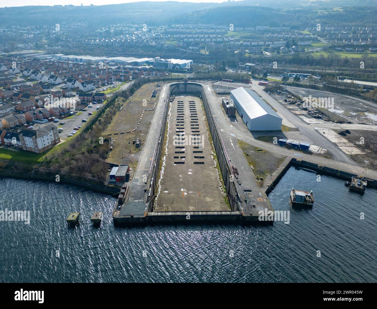 Aerial view of Peel Ports Inchgreen dry dock in Greenock, Scotland,UK ...