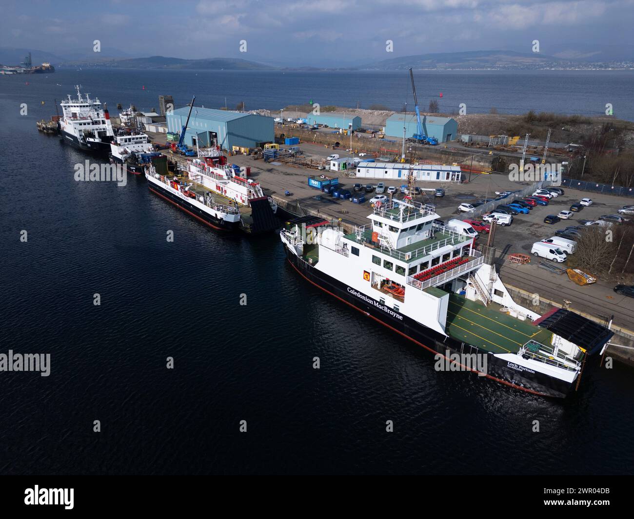 Several Caledonian MacBrayne ferries tied up at James Watt Dock in ...