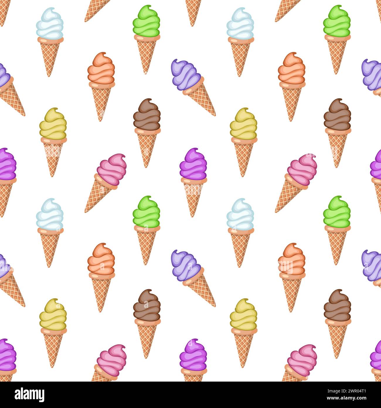 Multi-colored fruit ice cream in waffle cones. Seamless pattern. Vector ...