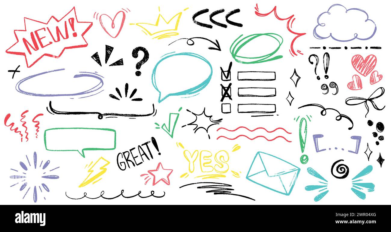 Hand drawn sketch pencil punctuation marks, brush stroke, underline ...