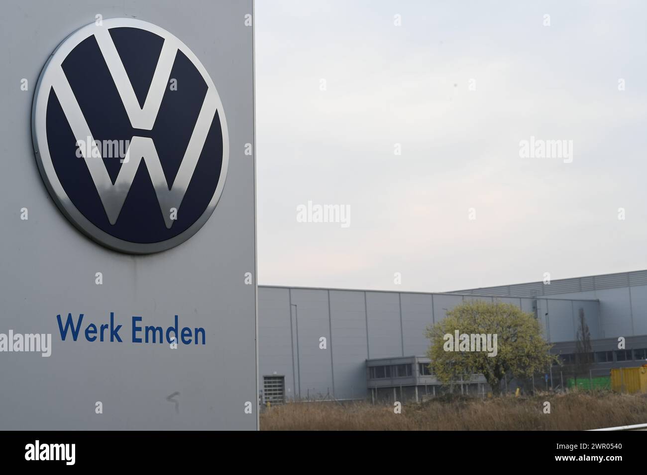 Emden, Germany. 10th Mar, 2024. The Volkswagen logo stands in front of ...
