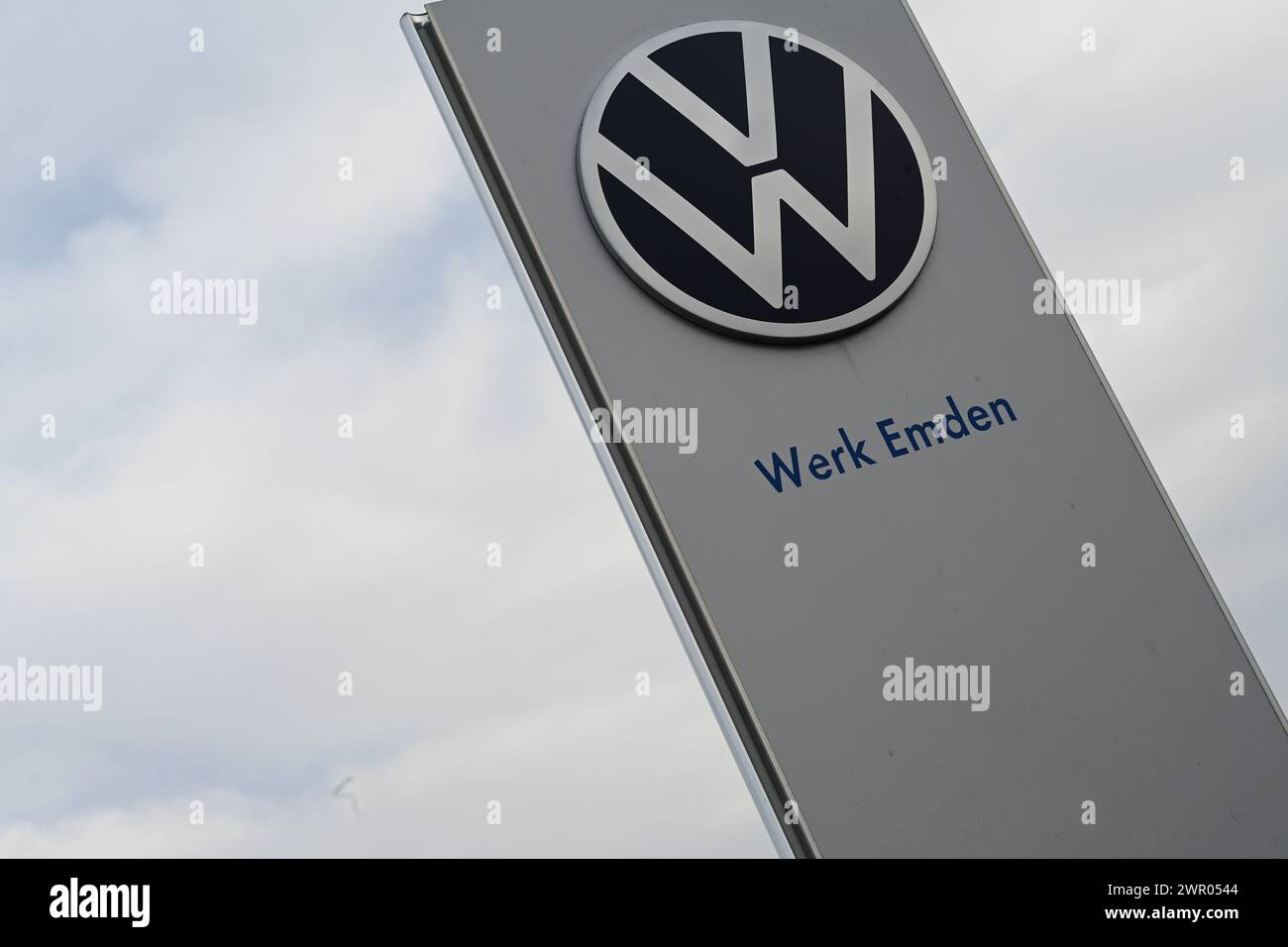 Emden, Germany. 10th Mar, 2024. The Volkswagen logo stands in front of ...