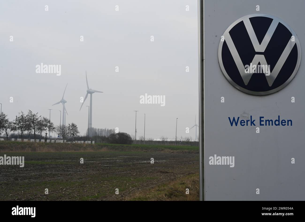 Emden, Germany. 10th Mar, 2024. The Volkswagen logo stands in front of ...