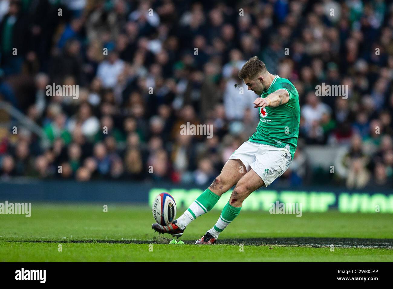 Jack Crowley of Ireland kicks a penalty during the 2024 Six Nations ...