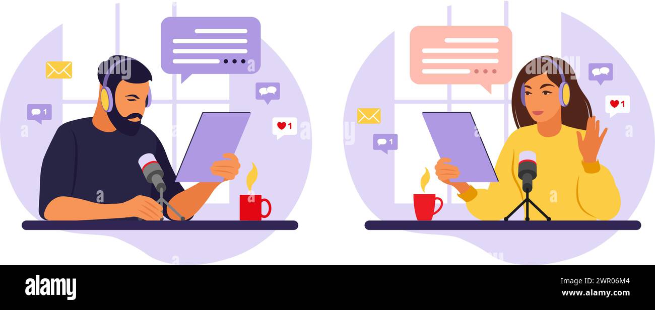 Podcaster talking to microphone recording podcast in studio. Radio host ...