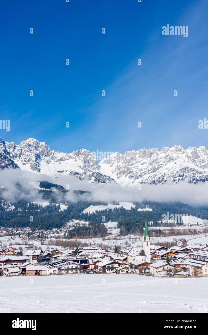 Ellmau: village Ellmau, Wilder Kaiser mountain range, snow in Wilder ...