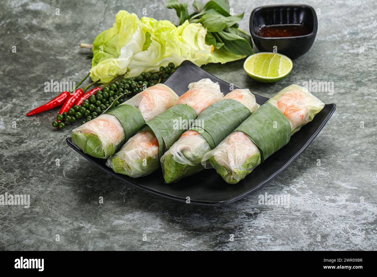 Vietnamese Spring Roll with shrimps and vegetables in rice paper Stock ...