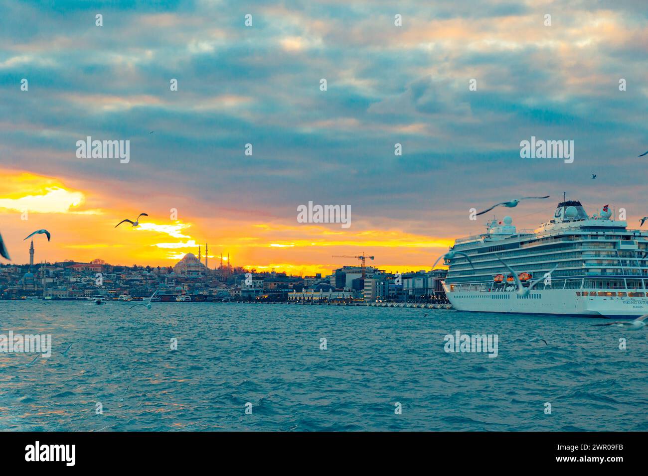 Visit Istanbul background photo. Suleymaniye Mosque and cruise ship at ...