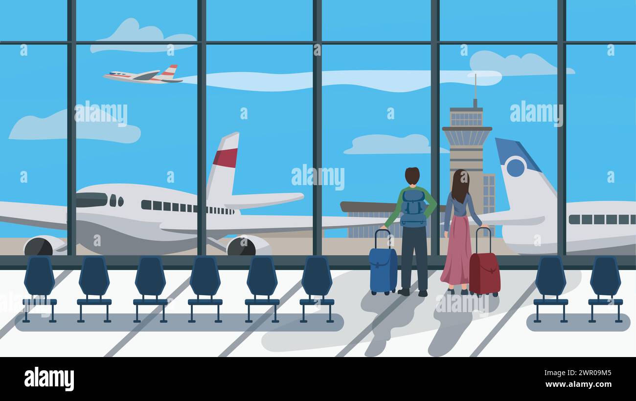 Passengers waiting in airport terminal with Luggage and backpack while ...