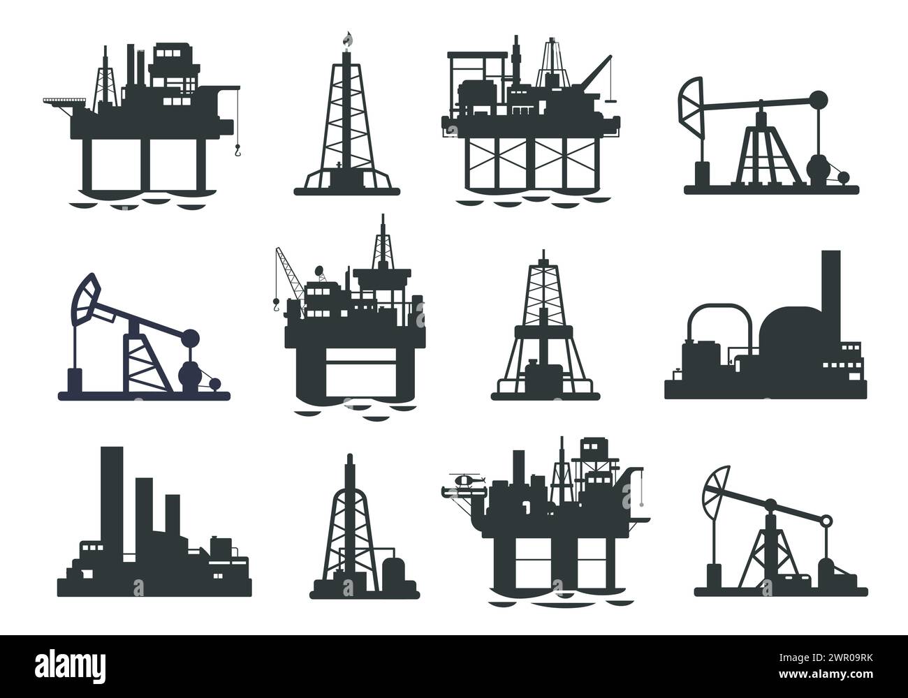 Oil platform silhouette. Offshore petroleum jack derrick tower, energy ...