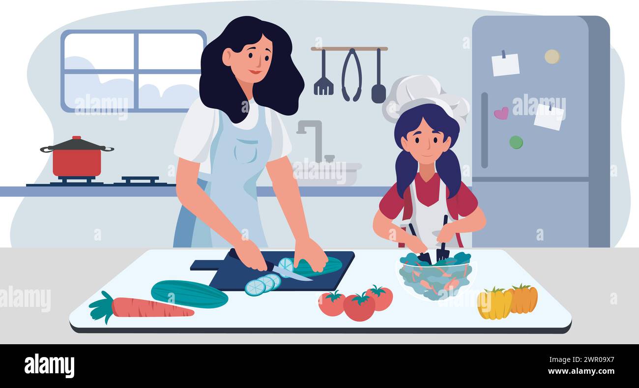 Mother and daughter preparing meal together in kitchen.They collaborate ...