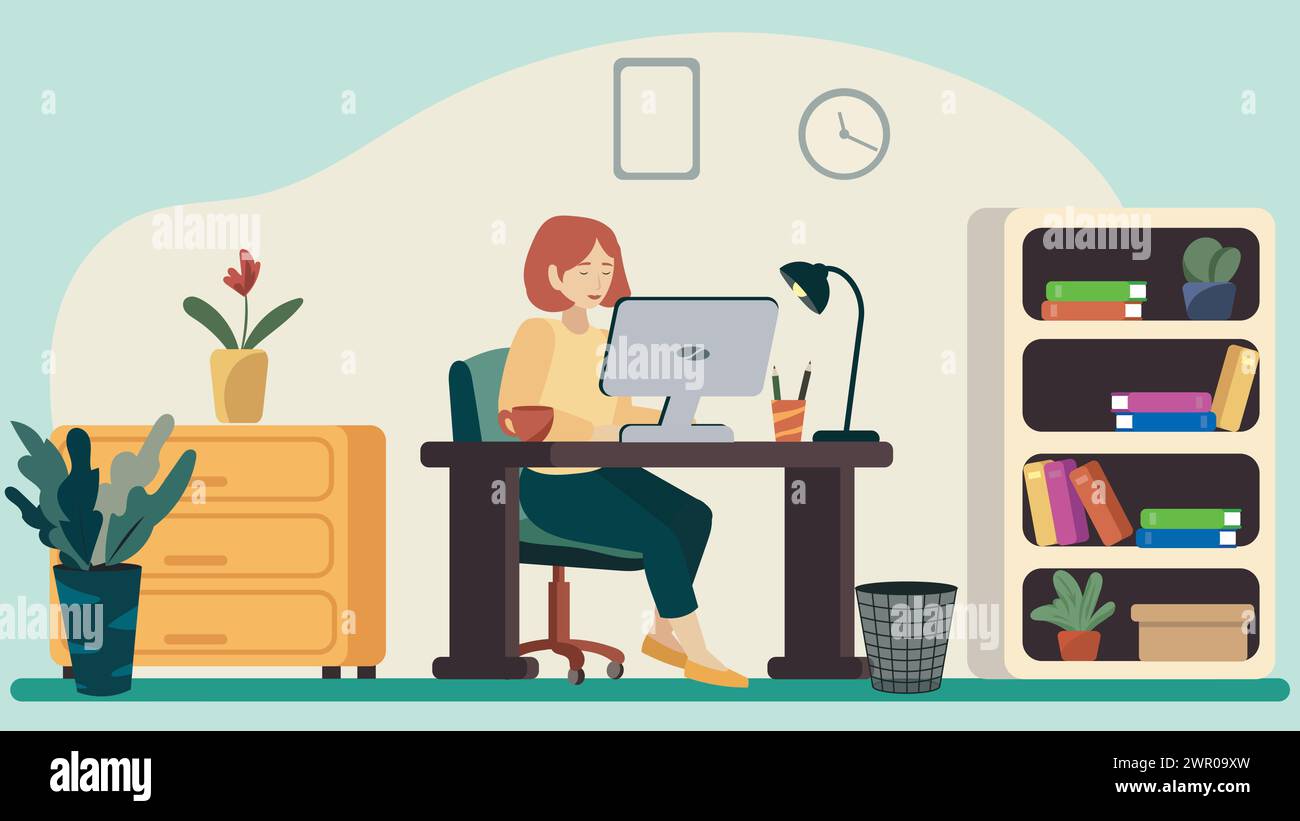 Vector illustration of a woman working efficiently at her home office ...