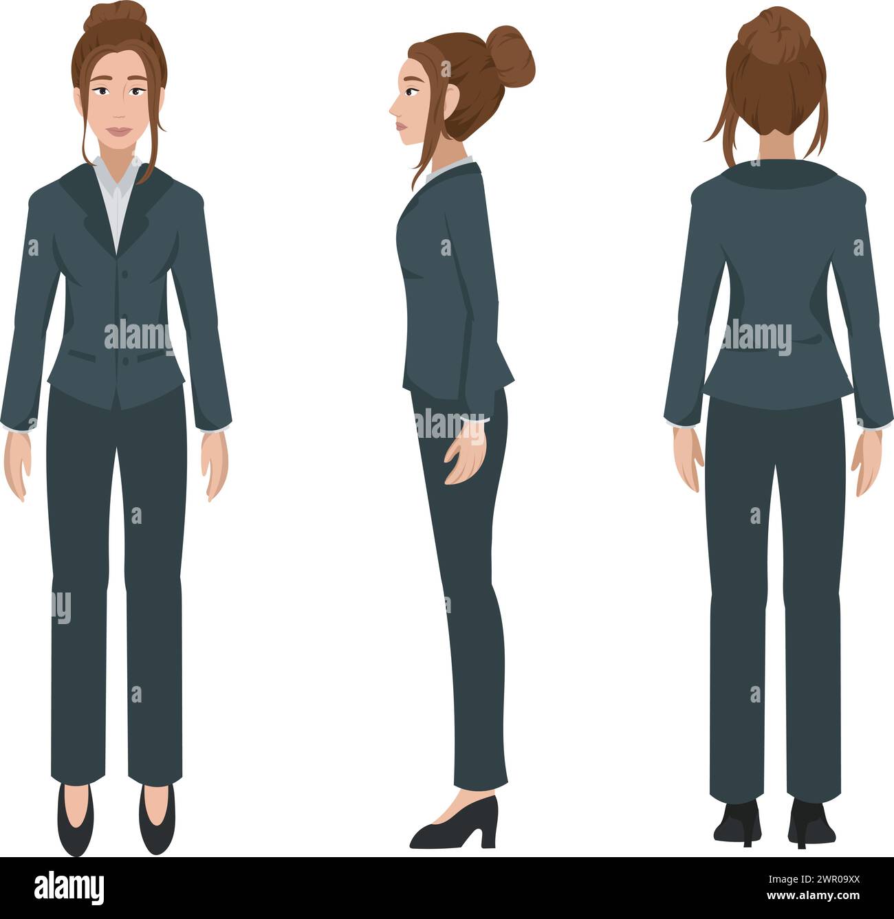 Vector illustration of a professional businesswoman from three distinct ...