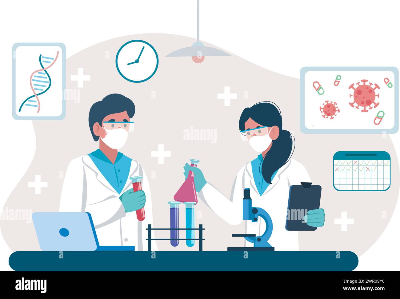 Two scientists working together in a well-equipped laboratory. Male and female professionals ...