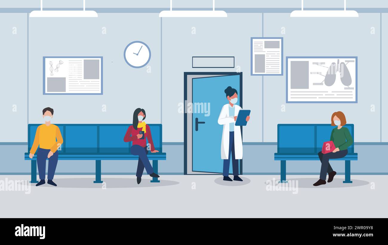 Vector illustration of a group of patients waiting doctor in hospital ...