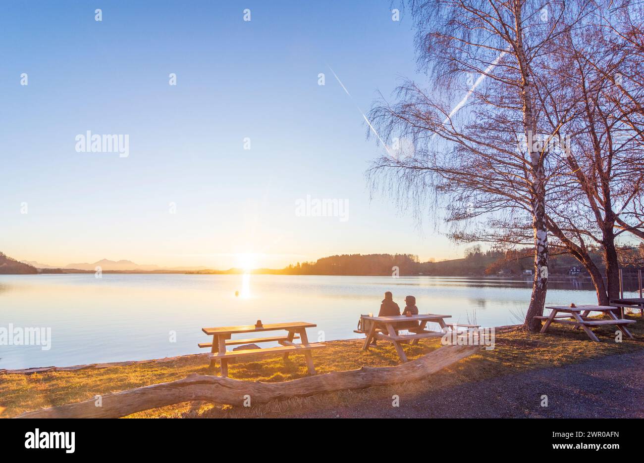 Neumarkt am Wallersee: lake Wallersee at sunset, couple on bench, Alps ...