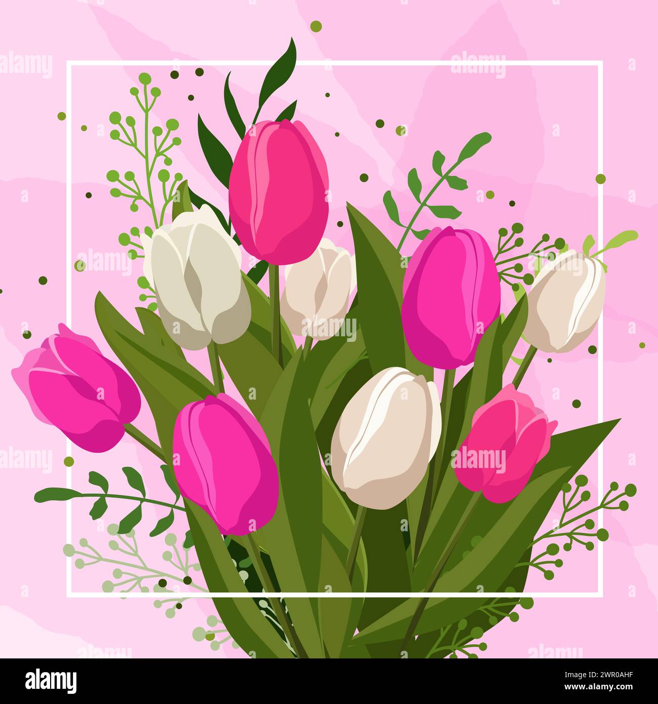 Spring bouquet with pink and white tulips and grass on pink background ...