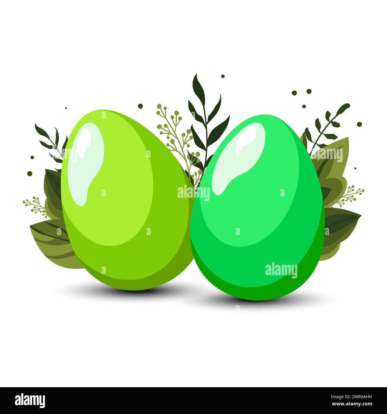 Green mint Easter eggs with green leaves and branches on background ...
