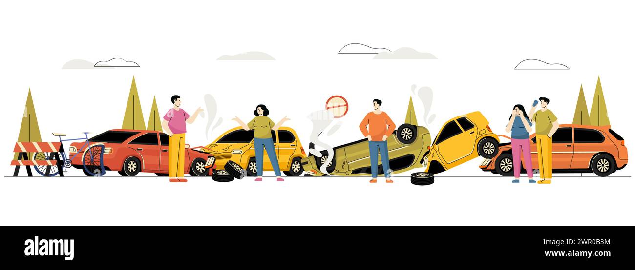 Car accident concept. Cartoon man driver calling for help after car ...