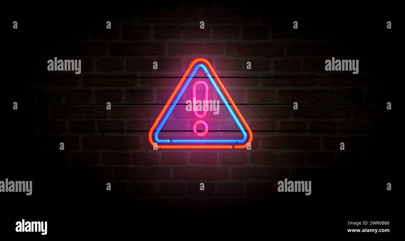 Alert neon symbol. Warning danger alarm icon light color bulbs ...