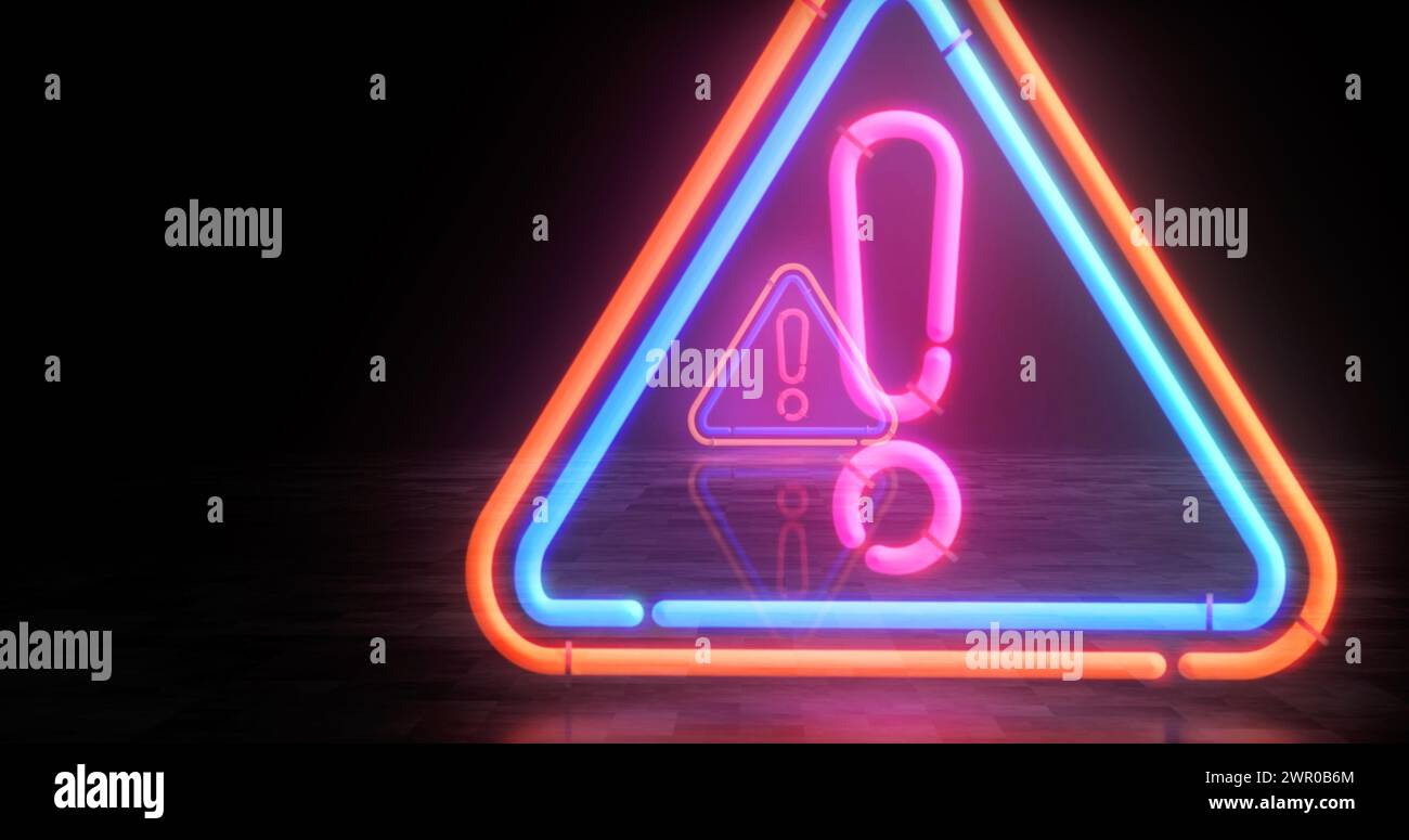 Alert neon symbol. Warning danger alarm icon light color bulbs ...