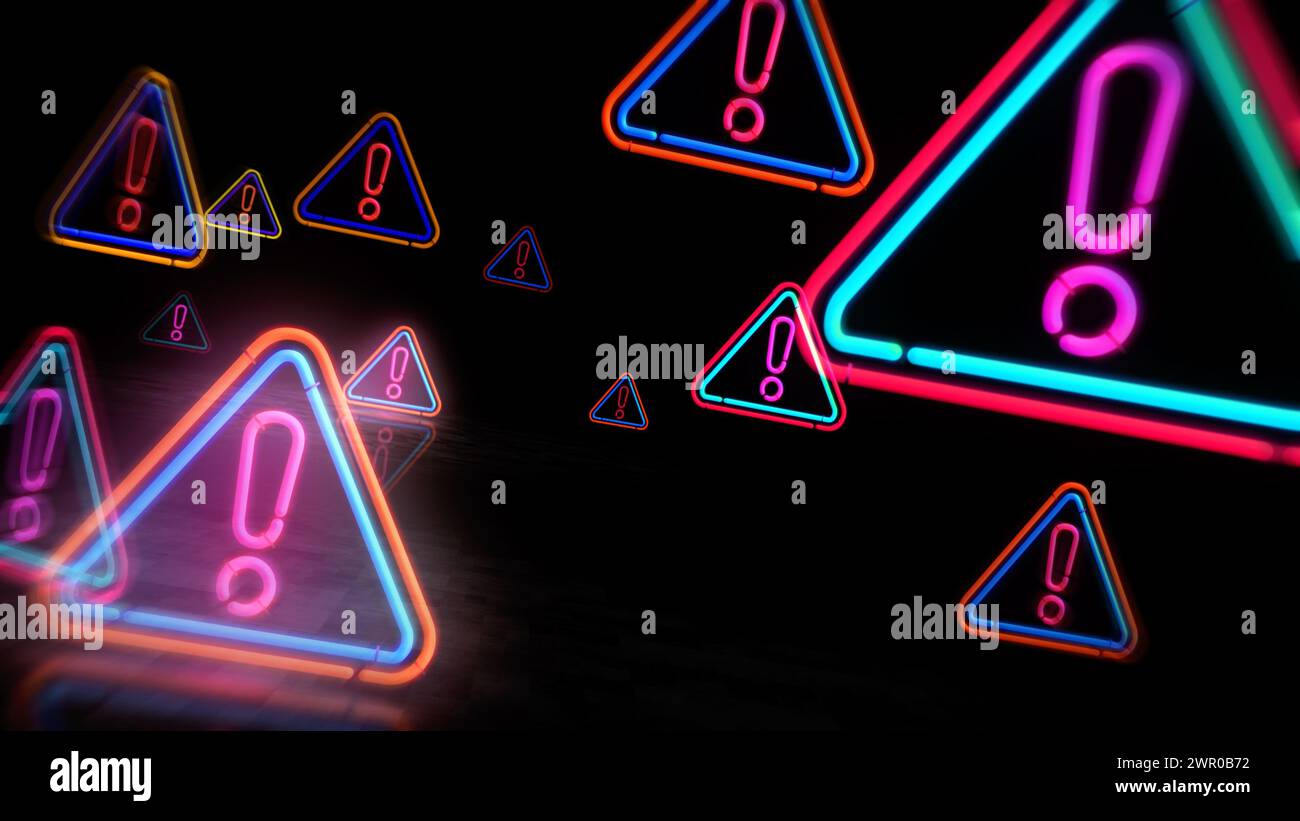 Alert neon symbol. Warning danger alarm icon light color bulbs ...