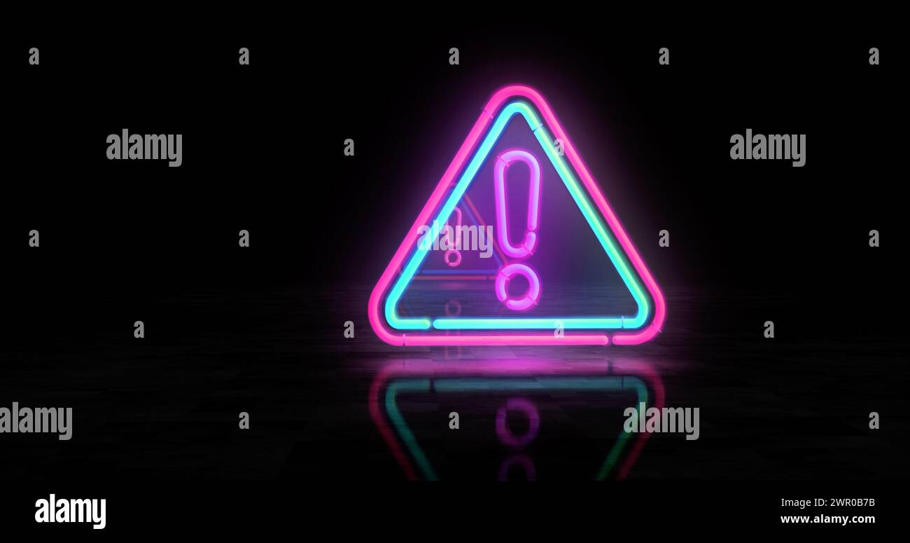 Alert neon symbol. Warning danger alarm icon light color bulbs ...