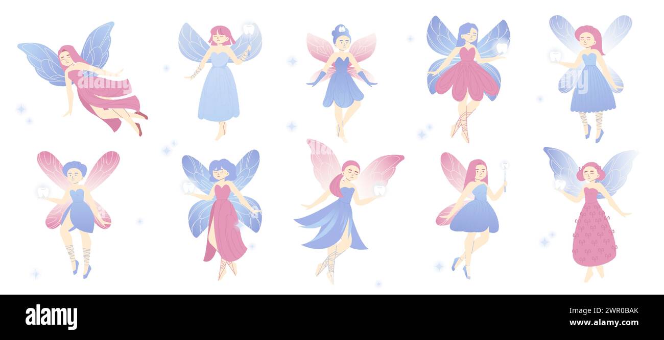 Cute tooth fairy. Cartoon girl with wings and magic wand, fairy tale ...