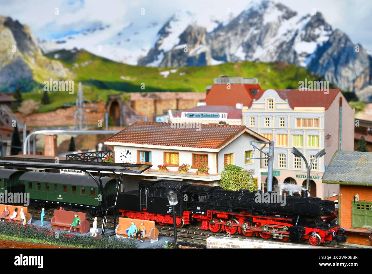 Miniature railway model with model steam locomotive train at train ...