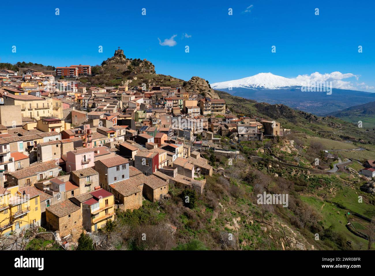 Village of Cesaro the Etna volcano in the background on the italian ...