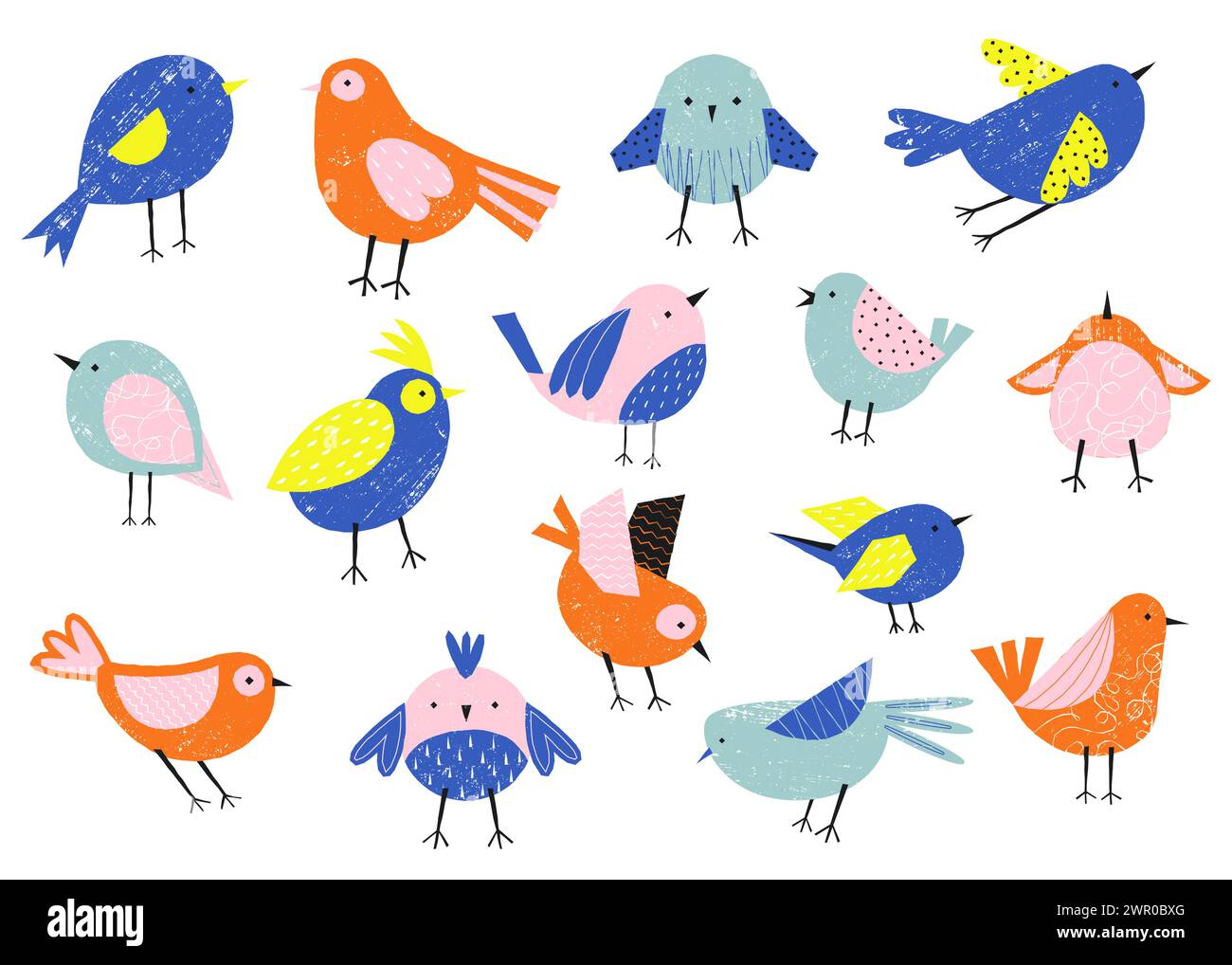 Cute birds. Cartoon colorful sparrow characters, happy flying animals ...