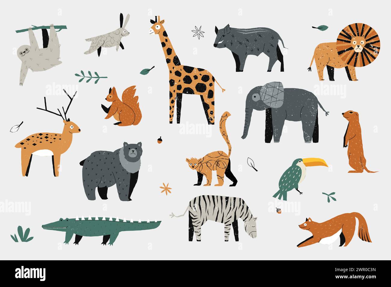 Cute trendy animals. Colorful hand drawn baby zoo wildlife, decorative ...