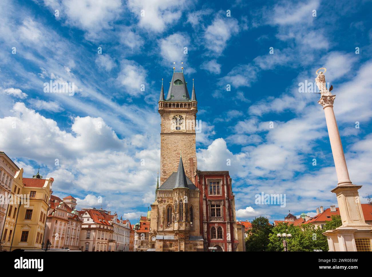 Old Town Hall medieval clock tower among clouds in Prague, a city ...