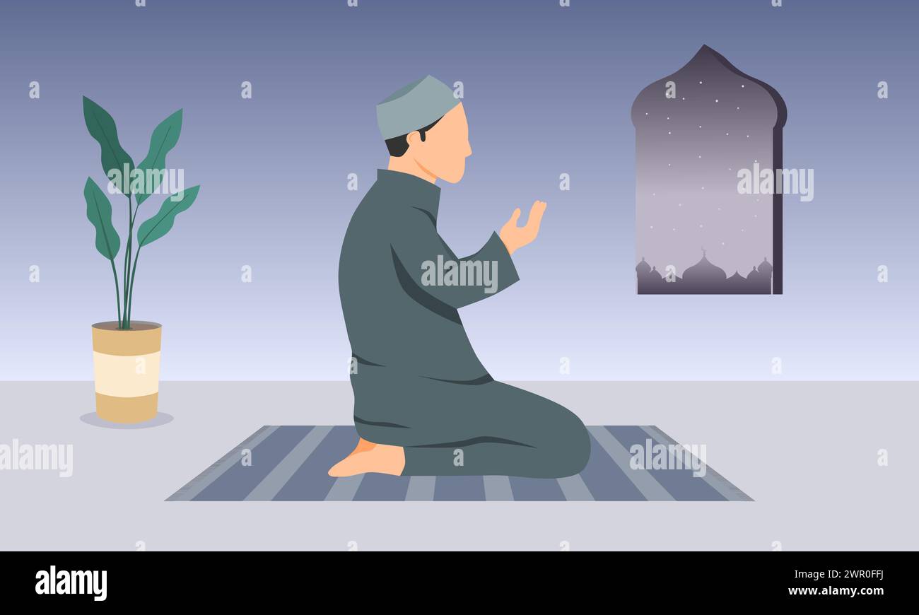 A Muslim man praying at home. A Muslim man sitting on prayer mat ...
