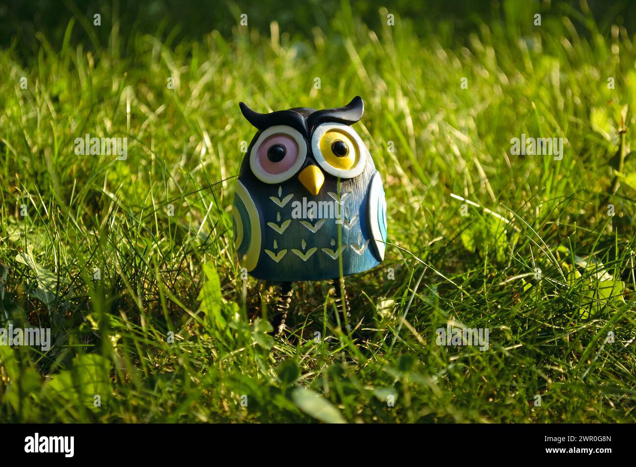 A toy of a surprised blue-colored owl with multi-colored eyes close-up ...