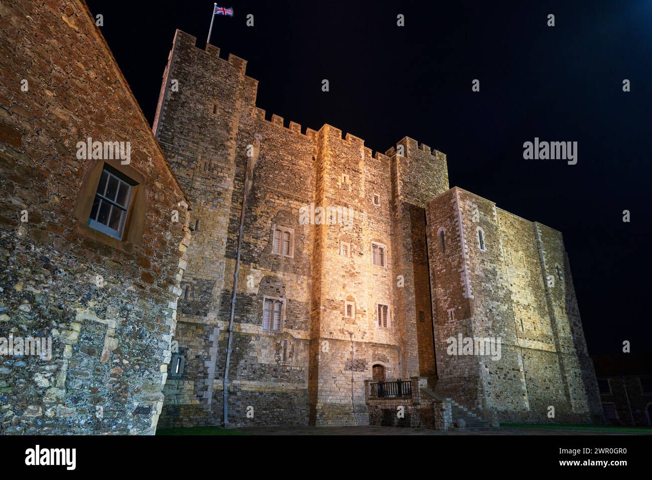 The Great Keep at Dover castle illuminated at night viewed from within ...
