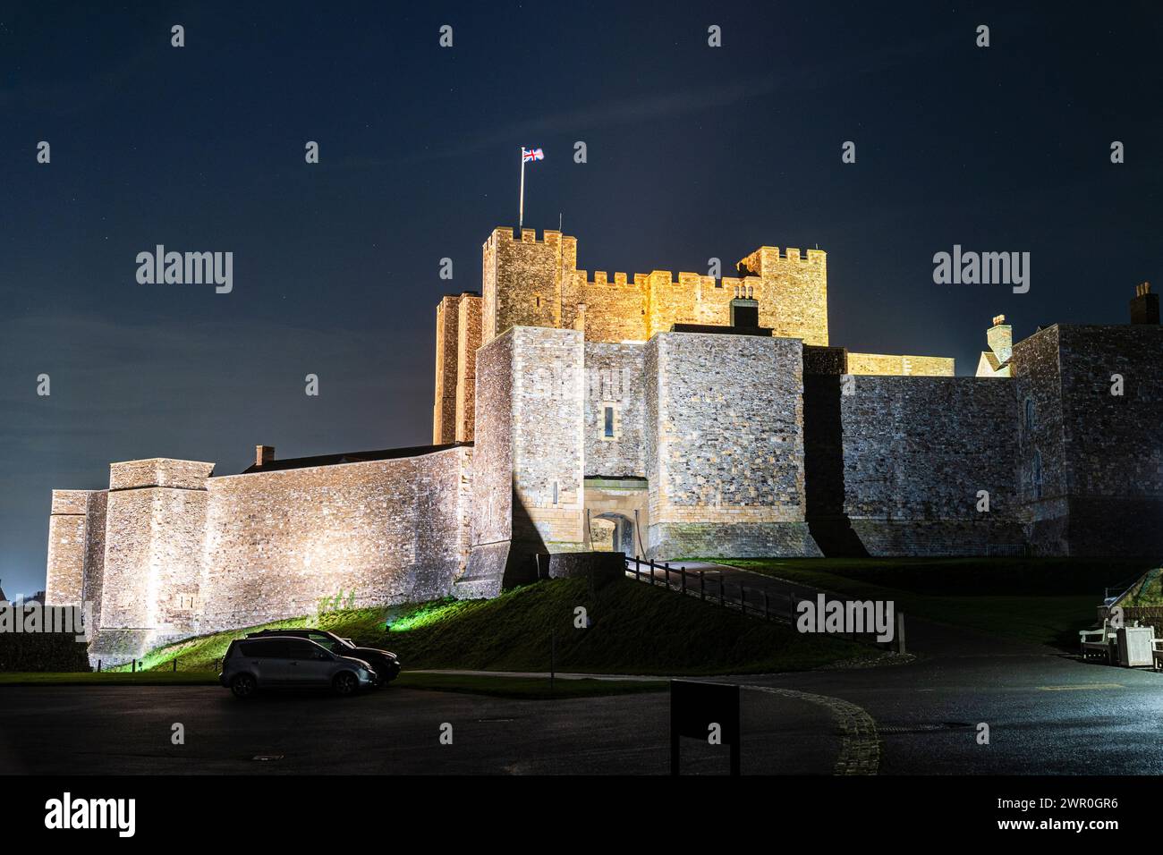 Dover castle at night, the main gate in the curtain wall surrounding ...