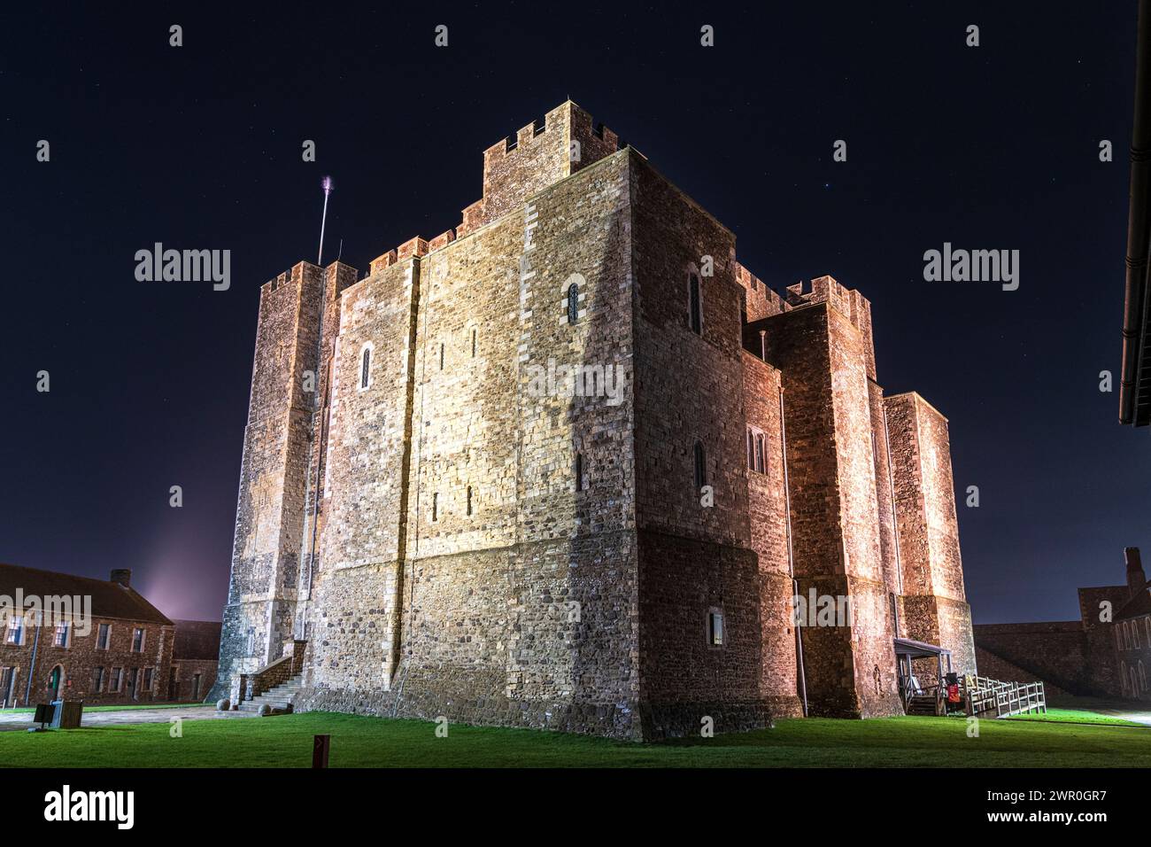 The Great Keep at Dover castle illuminated at night viewed from within ...