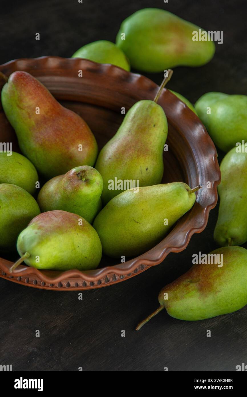 Parisian pear variety. Fruits on the table. Autumn harvest. Pears top ...