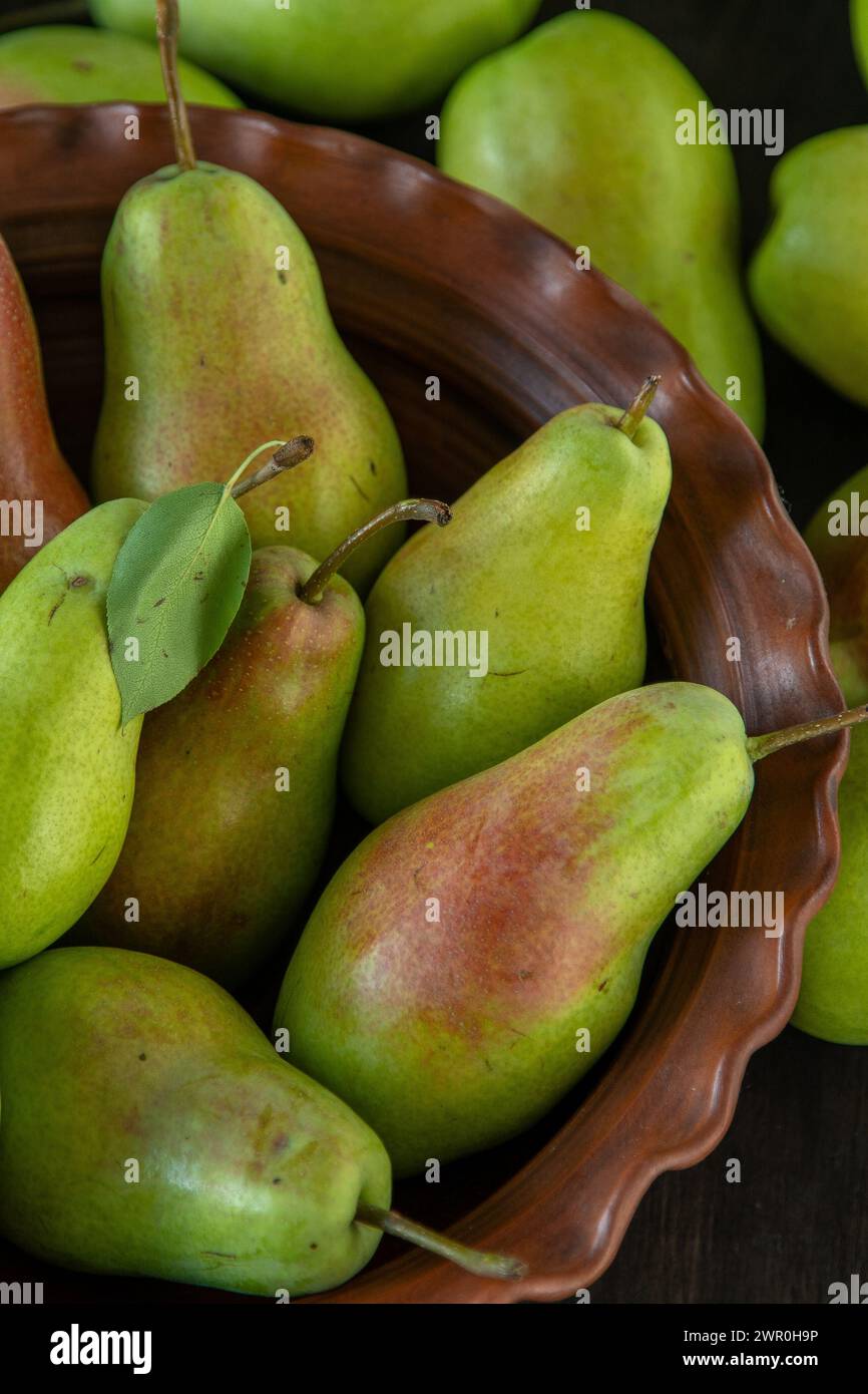 Parisian pear variety. Fruits on the table. Autumn harvest. Pears top ...